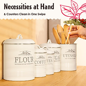 noonberry Set of 5 Canisters for Kitchen Counter, White Containers, Airtight Coffee Tea Flour Sugar Canisters Set & Utensil Holder for the Kitchen Countertop