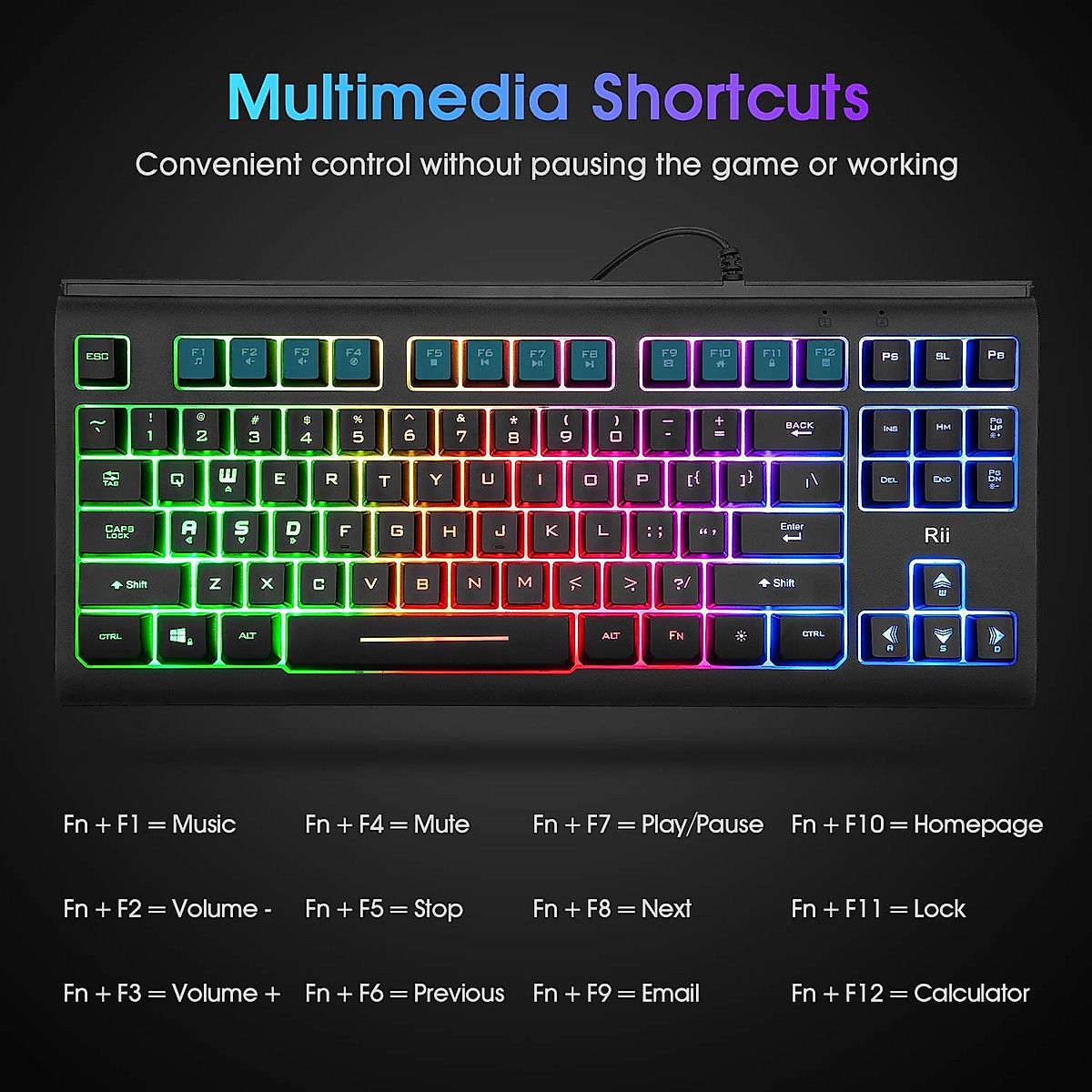 Rii Gaming Keyboard,87-Keys RGB Backlit Compact Keyboard,Silent Computer Keyboard,Wired Tenkeyless Keyboard for Laptop,PC,Windows,Mac