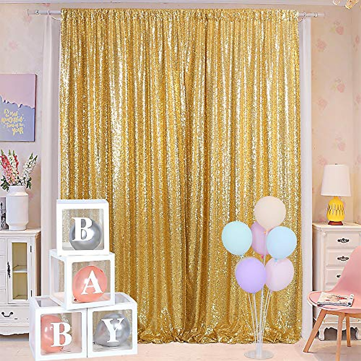 Blxsif Gold Sequin Backdrop Curtains - 2 Panels 2.5x8FT Glitter Gold Photo Backdrop Party Wedding Baby Shower Curtain Sparkle Photography Background