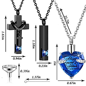weikui 3 Pieces Heart Cross Cubic Urn Necklace for Ashes for Men Women Cremation Jewelry Crystal Memorial Locket Ashes Pendant Family Keepsake Sharing Jewelry Set (3 Black Pendants - Blue)