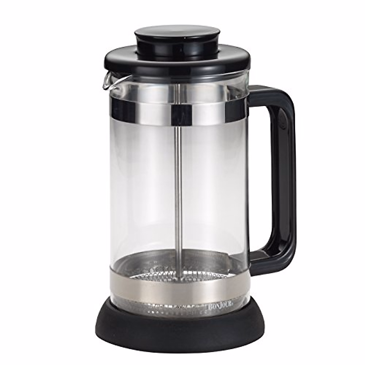 BonJour Coffee Borosilicate Glass French Press with Coaster & Scoop, 33.8-Ounce, Riviera, Black