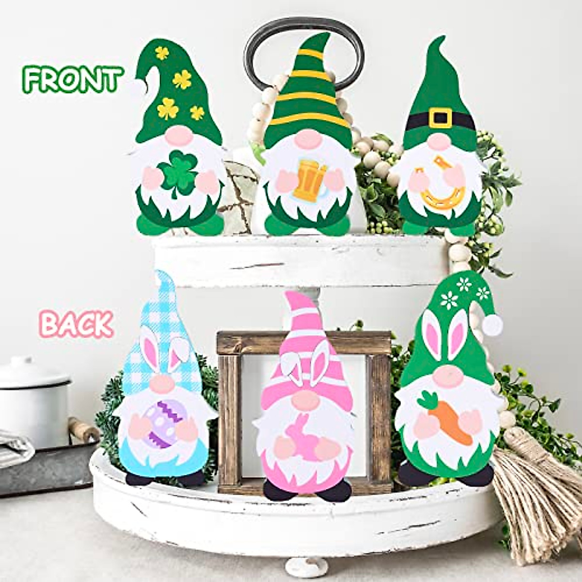 3 Pcs St Patrick's Day Table Wooden Gnome Sign, Reversible Easter Tiered Tray Decor, Self Standing Blocks Green Shamrock Horseshoe Rabbit Carrot Egg Sign for Home Party Decoration