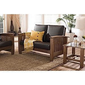 Baxton Studio Charlotte Modern Classic Mission Style Walnut Brown Wood and Dark Brown Faux Leather 2-Seater Loveseat
