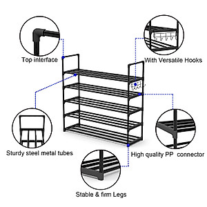 Hsscblet 5 Tiers Metal Shoe Rack,Adjustable Shoe Shelf Storage Organizer with Hooks,Stackable Boot & Shoe Storage,for Entryway,Hallway,Closet,Black