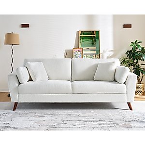 AMERLIFE Modern Sofa, 86 inch White Couch with 4 Throw Pillows, 3-Seater Sofa Couch for Living Room, Offwhite Boucle Upholstered Sofa