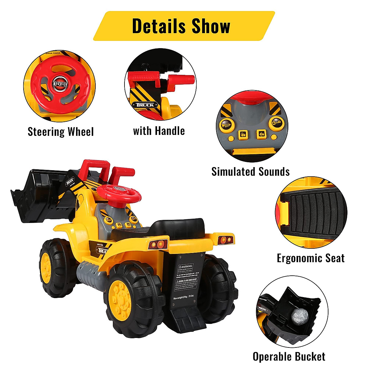 COLOR TREE Toddlers Ride-on Bulldozer Tractor Toy with Simulated Sounds - Kids Boys Construction Truck Vehicle with Bucket, Steering Wheel, Helmet, Rocks