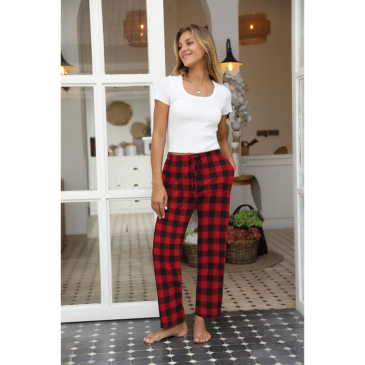 Ekouaer Women Pajama Pants Comfy Pj Bottom with Pockets Stretch Plaid Sleepwear Red and Black Plaid Large