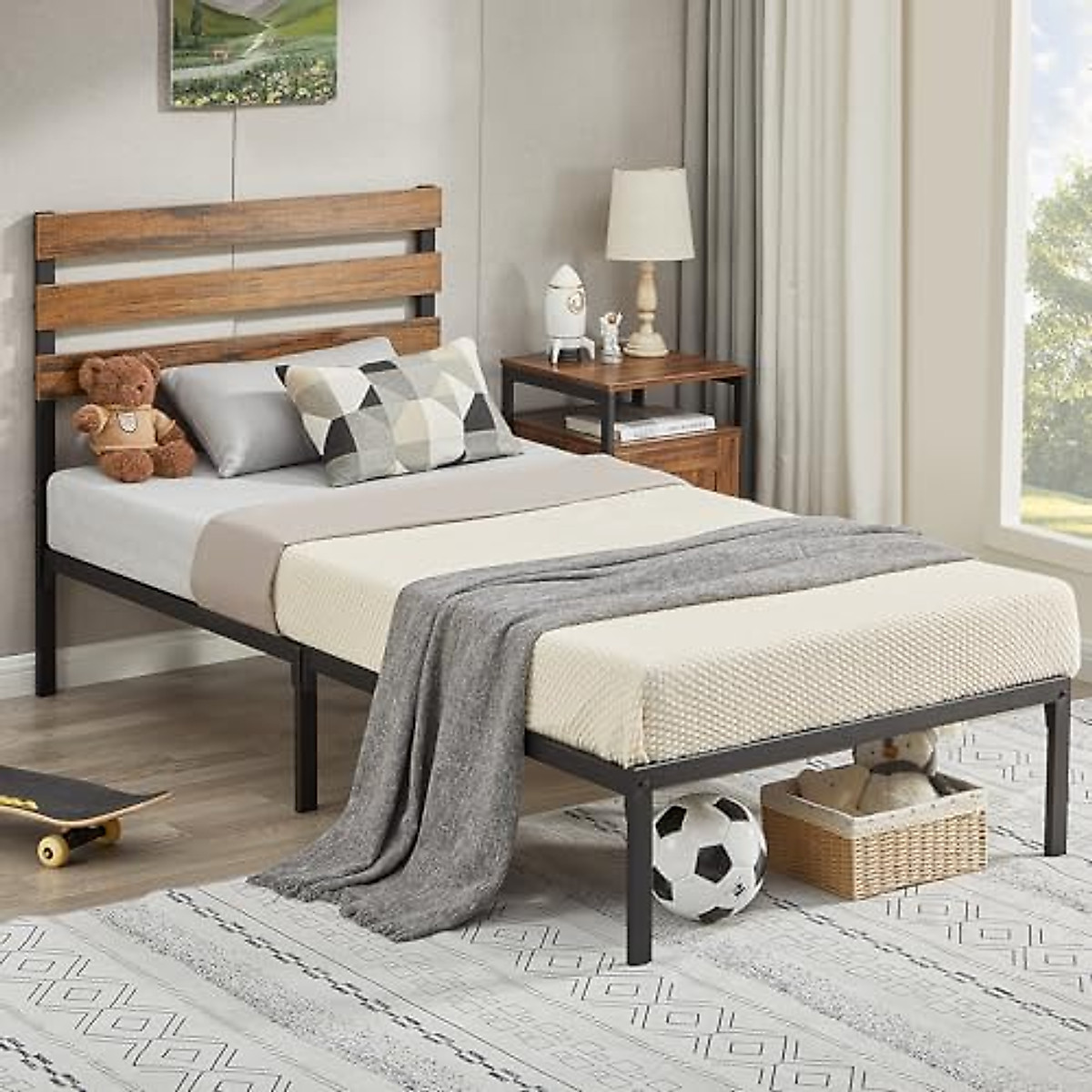 GreenForest Twin Bed Frame with Wooden Headboard Platform Bed with Metal Support Slats NO-Noise Heavy Duty Bed Industrial Country Style with 9 Strong Legs No Need Box Spring, Twin