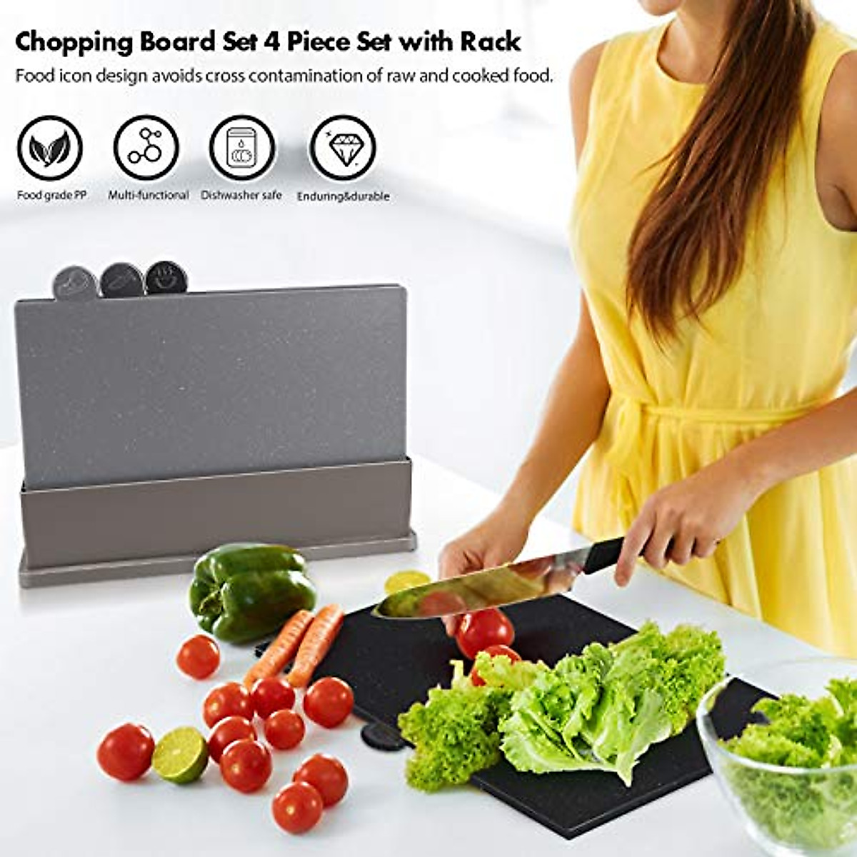MASTERTOP Cutting Board Set for Kitchen Holder - Index Plastic Chopping Board Set of 4, BPA Free, No Slip, Dishwasher Safe, Thicker Cutting Boards With Draining Rack Organizer, 1 Pair of Scissors
