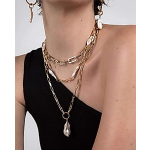 Baroque Pearls Pendant Necklaces Freshwater Cultured Pearls Necklace Pendant 18K Gold Paperclip Chain Necklaces 22inch for Women Vintage Jewelry