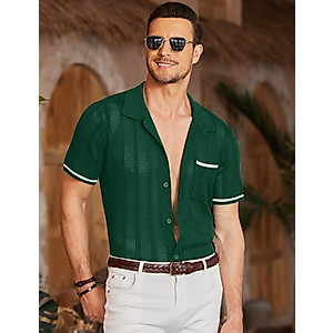 COOFANDY Knit Summer Shirts for Men Short Sleeve Button Down Polo Shirts with Pocket Green