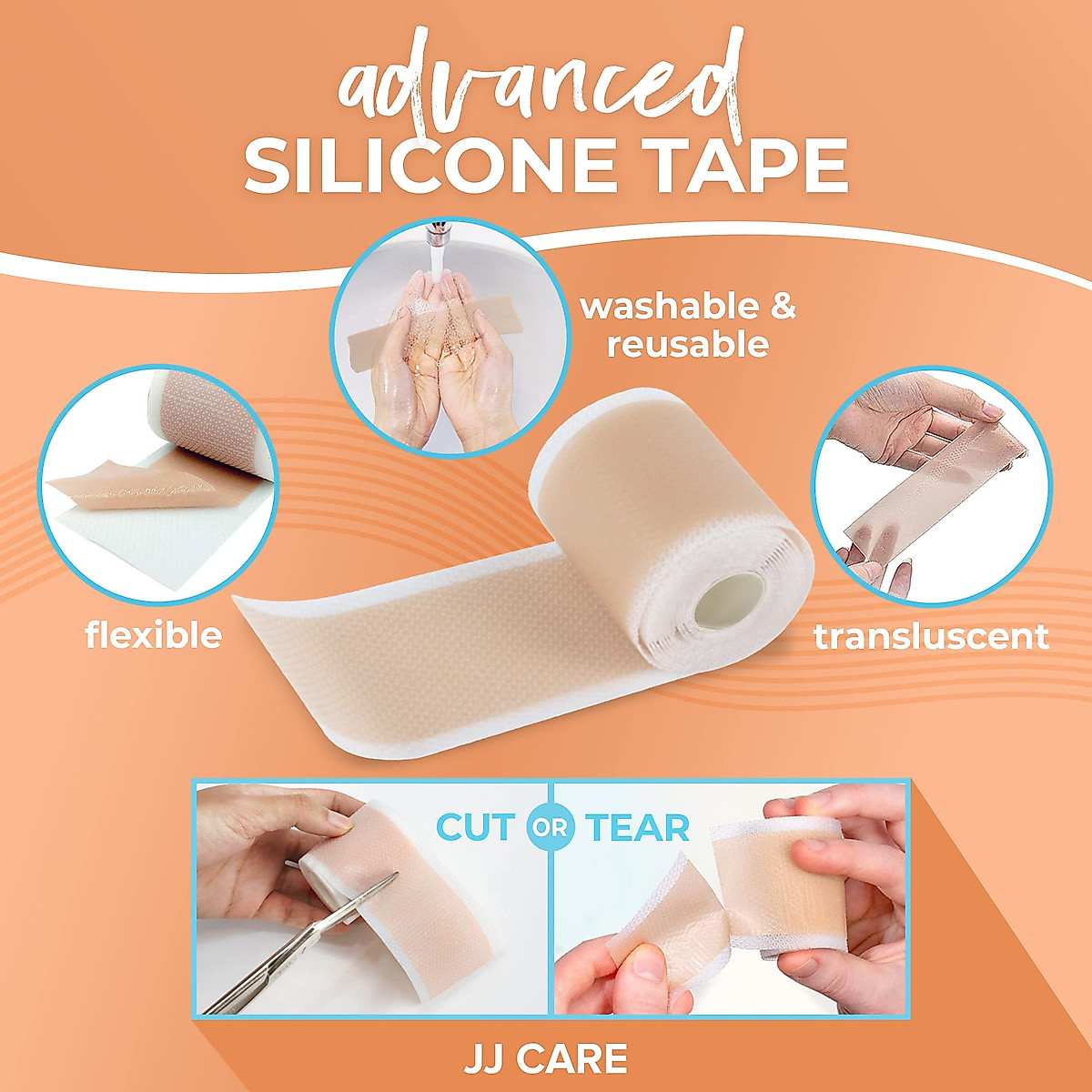 JJ CARE Soft Silicone Tape, 1.6” x 120” Flexible Silicone Scar Tape, Medical Grade Silicone Strips for Scars, Washable & Reusable Scar Tape for Surgical Scars, Latex-Free Scar Tape