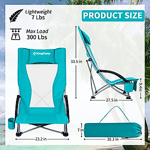 KingCamp Folding Beach Chair High Back Lightweight Portable Backpack Chair with Headrest, Cup Holder for Camping Outdoor Sand Concert Lawn Festival Sports, Cyan