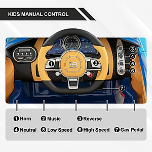 Uenjoy 12V Licensed Bugatti Chiron Kids Ride On Car Battery Operated Electric Cars for Kids with RC Remote Control, LED Lights, Music& Horn, Storage Room, Blue