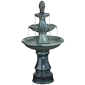 Modern Outdoor Cascading Floor Water Fountain with LED Light 3-Tier Teal Blue Ceramic 46" for Yard Garden Patio Backyard Deck Home Lawn Porch House Exterior Balcony - John Timberland