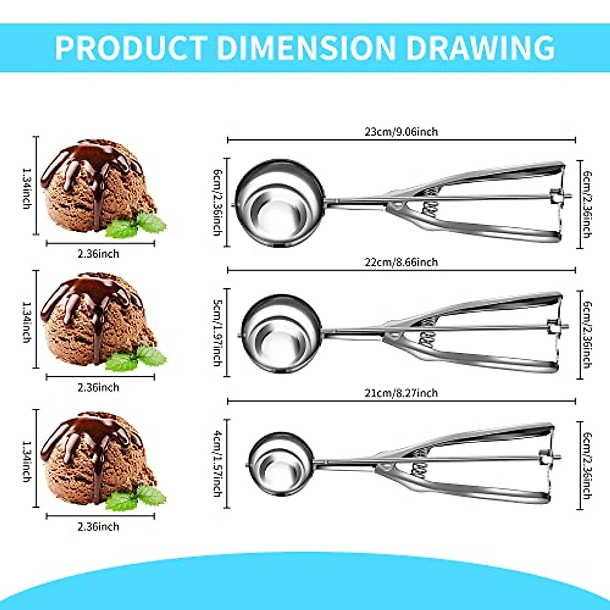 Cookie Scoop Set, Ice Cream Scoop Set with Multiple Size Trigger Small, Medium and Large Stainless Steel Cookie Scoops Set of 3 for Baking, Stainless Steel Cupcake Scoop, Ice Cream Scooper (3Pcak)