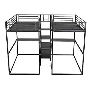 ATY Twin Over Twin Bunk Bed with 2 Desks and Shelves, 4-in-1 Metal Bedframe w/ 3 Storage Staircase & Safety Guardrail, Maximum Space Design, for Kids Bedroom, Dorm, Guestroom, Black