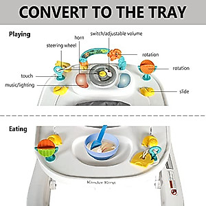 Kinder King Activity Baby Walker, 3 in 1 Folding Learning Walker for Boys Girls, Seated or Push Behind, Infant Activity Center w/Adjustable Height & Speed, Music & Lights Toys, Steering Wheel, Grey