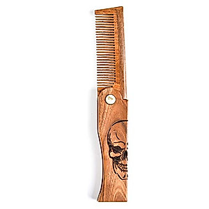 Menesia Men's Pocket Comb,Folding Wooden Beard Comb with Leather Travel Case,Green Sandalwood Hair Combs Set for Men(Skeleton)