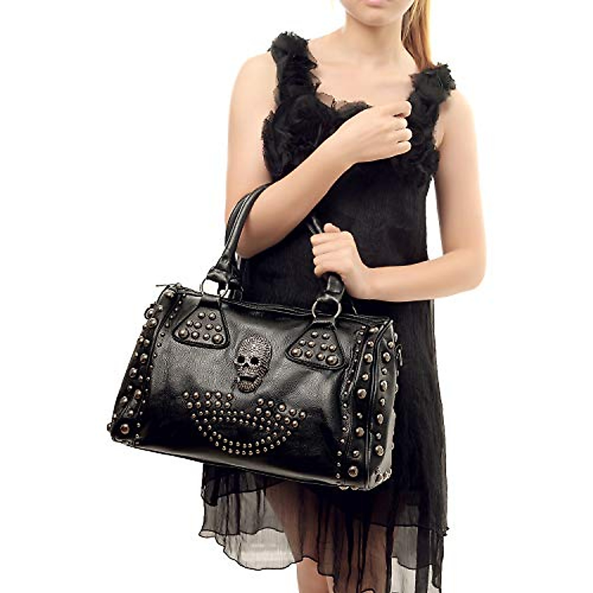 MG Collection HOWEA Black Vegan Leather Purse, Top Handle Halloween Purse with Metal Skull and Stud Ornament and Removable Shoulder Straps, Doctor Style Gothic Handbag