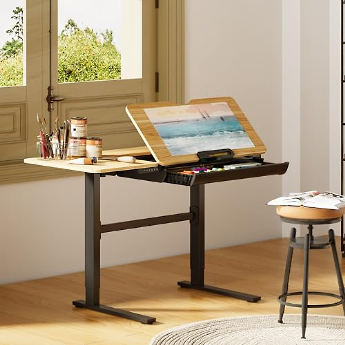 FLEXISPOT Electric Drafting Table Adjustable Height Standing Drawing Desk Extendable Top Craft Workstation w/Tilting Tabletop, Storage Drawer for Study, Office, Studio, Art, Adult & Kid, 47.2"x23.6"