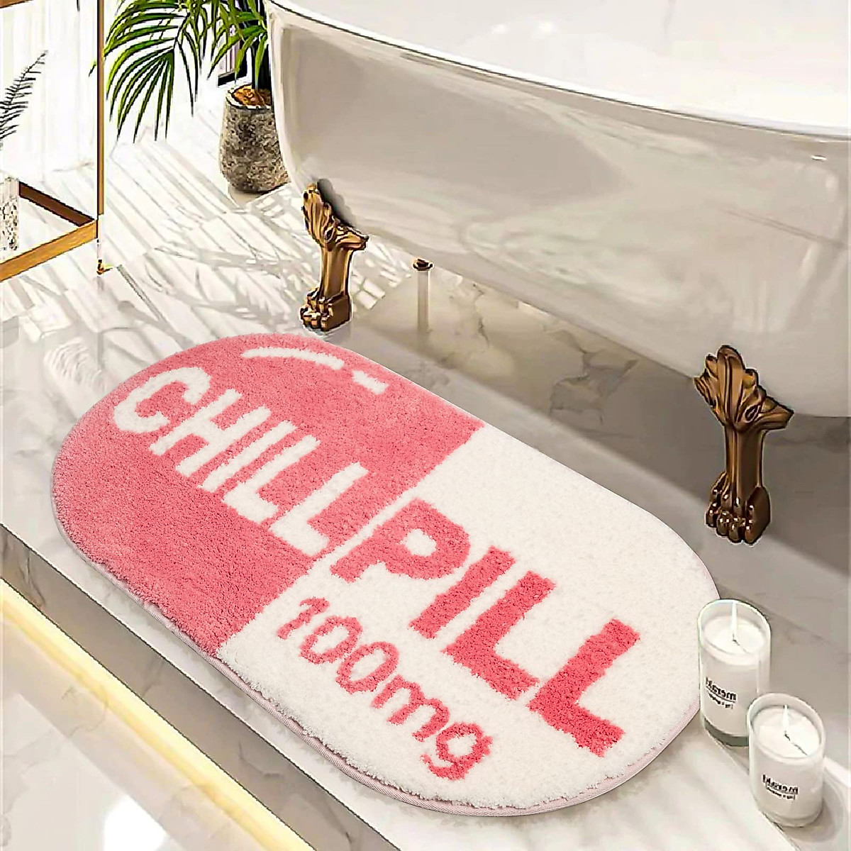 RORA Funny Cute Chill Pill Bath Mat Small Pink Bathroom Rugs Preppy Bathroom Decor Aesthetic Bath Rug Non Slip Washable Water Absorbent