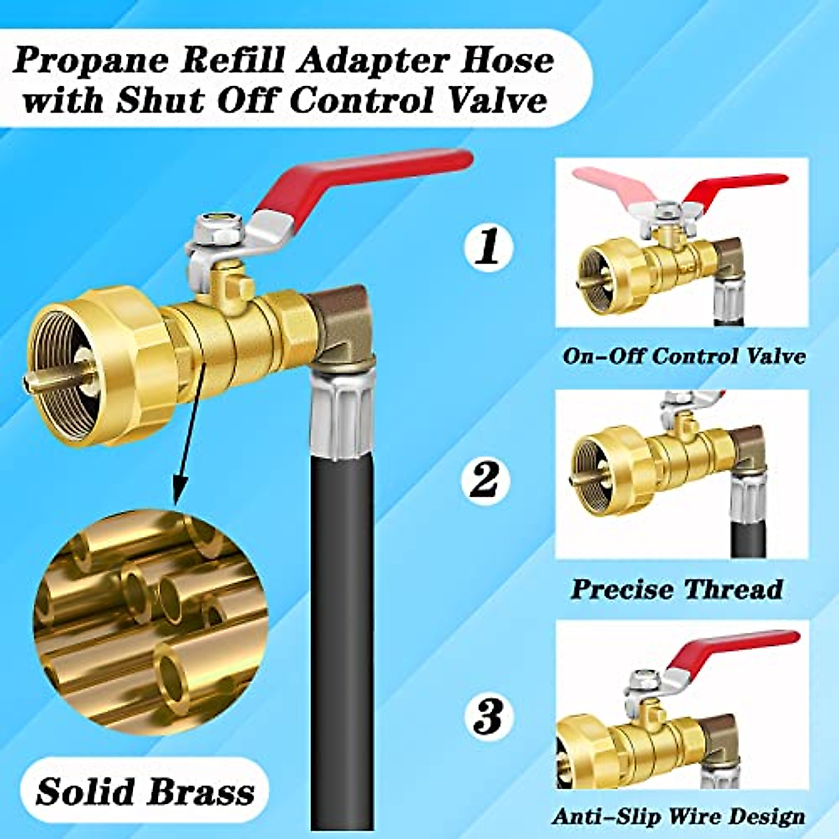 Upgraded Propane Refill Adapter Hose, 36" Propane Extension Refill Hose with Gauge, Shut off Valve, 1LB Propane Filling Hose Kit with 1 LB Propane Bottle Cap, Roll Sealing Tape (Rubber)