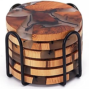Avocrafts Drink Coaster Set, Wooden Absorbent Coasters, Epoxy Resin Coaster for Coffee Table, Tabletop Protection Decor, Set of 6 With Holder