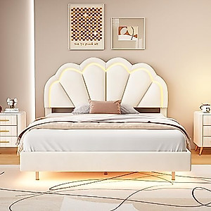 Full Size Upholstered Smart LED Bed with Elegant Flowers Headboard, Floating Velvet Upholstered Bed with Wooden Slats Support, Upholstered Smart LED Bed Frame for Kids Teens Boys Girls (Beige-ZC8S)
