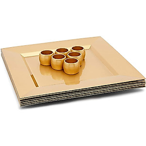 Square Metallic Gold Plastic Charger Plates and Napkin Rings Set (Serves 6)