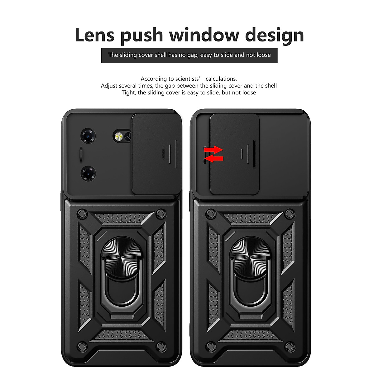 Kukoufey Compatible with Tecno Pova 5 Bracket Shell,with Slide Camera Lens Cover Compatible with Tecno Pova 5 Free Fire LH7n Case Black