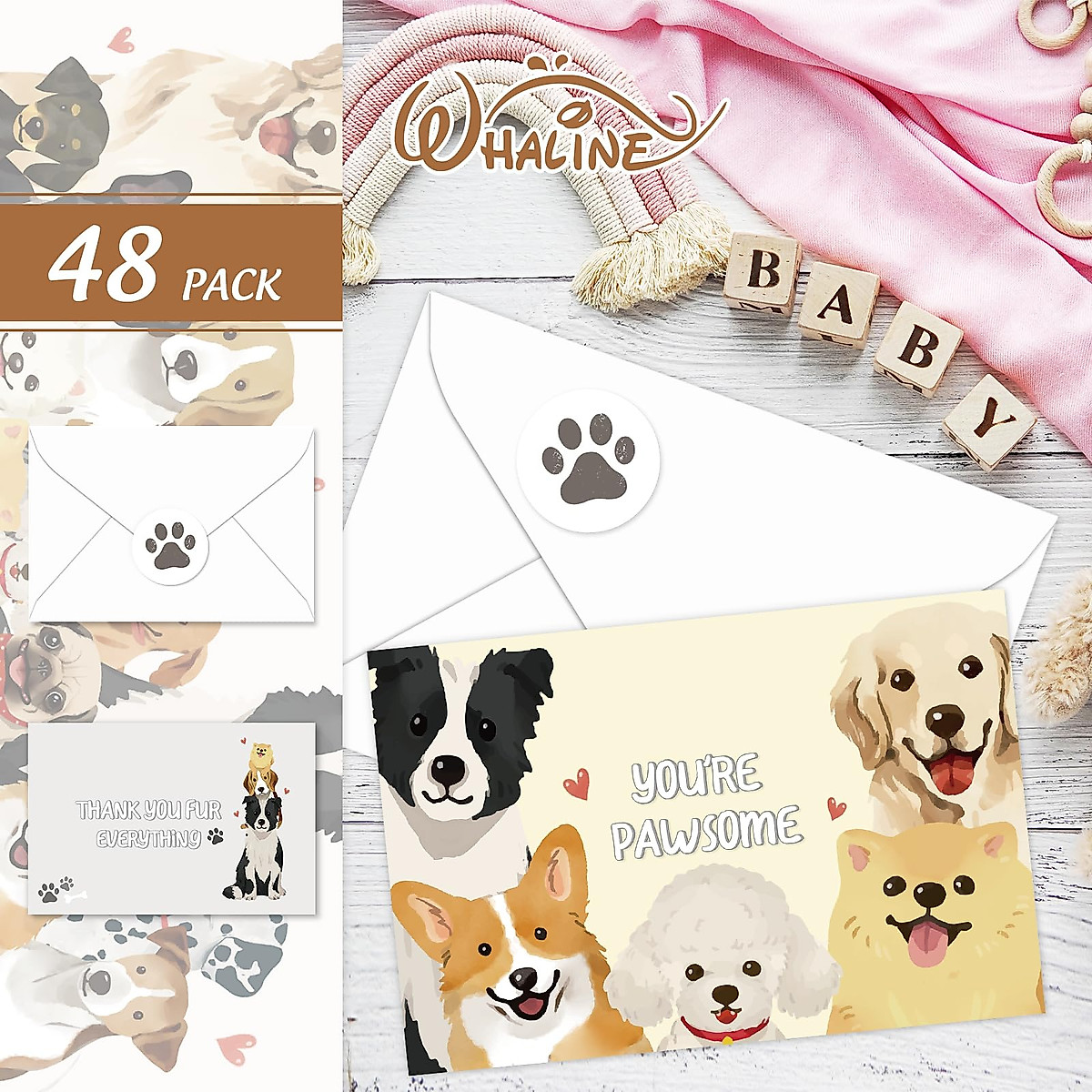 Whaline 48 Pack Cute Dog Thank You Cards Cartoon Greeting Cards with Envelopes & Stickers Blank Note Cards for Baby Shower Birthday Party Invitation Supplies