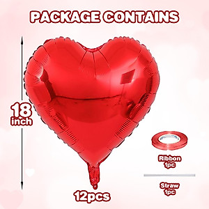 12 Pcs Heart Balloons, 18 inch Red Heart Shaped Balloons, Big Heart Mylar Helium Balloons, Heart Love Foil Balloons for Wedding Baby Shower Anniversary Backdrop Valentine Balloons Party Decorations