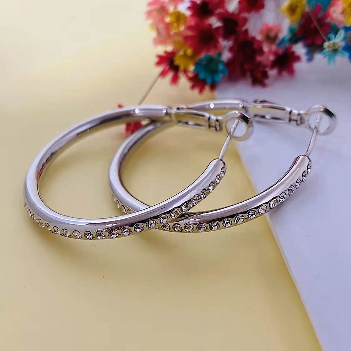 YUQIGG Silver Hoop Earrings, Fashion CZ Cubic Zirconia Rhinestone Hoops White Gold Plated Hoop Earrings for Women Gifts 1.38in