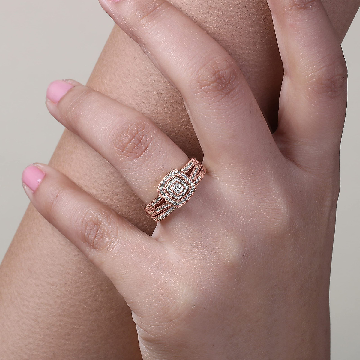 DZON Sterling Silver with Rose Gold Plating 1/4CT TDW Round Diamond Split Shank Cushion Cluster Halo Wedding Ring Sets Love Gift for Women (I-J,I2)