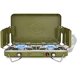 Hike Crew Gas Camping Stove | 20,000 BTU Portable Propane 2 Burner Stovetop | Integrated Igniter & Stainless Steel Drip Tray | Built-in Carrying Handle, Foldable Legs, Wind Panels | Includes Regulator
