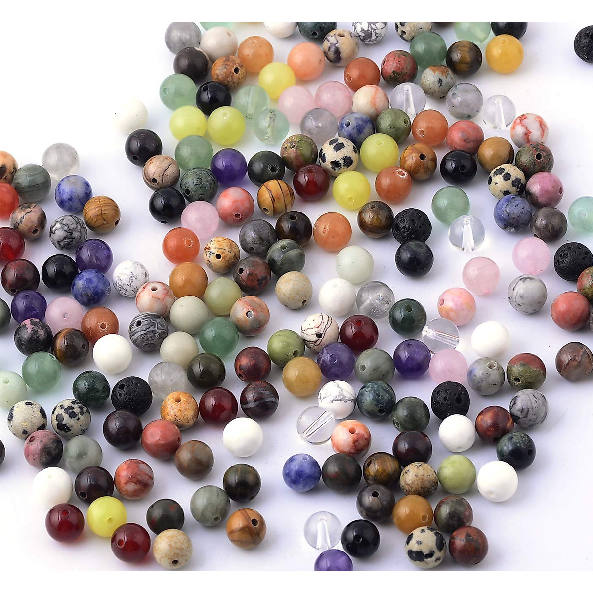 Natural Stone Beads 200pcs Mixed 8mm Round Genuine Real Stone Beading Loose Gemstone Hole Size 1mm DIY Charm Smooth Beads for Bracelet Necklace Earrings Jewelry Making (Stone Beads Mix 200pcs)