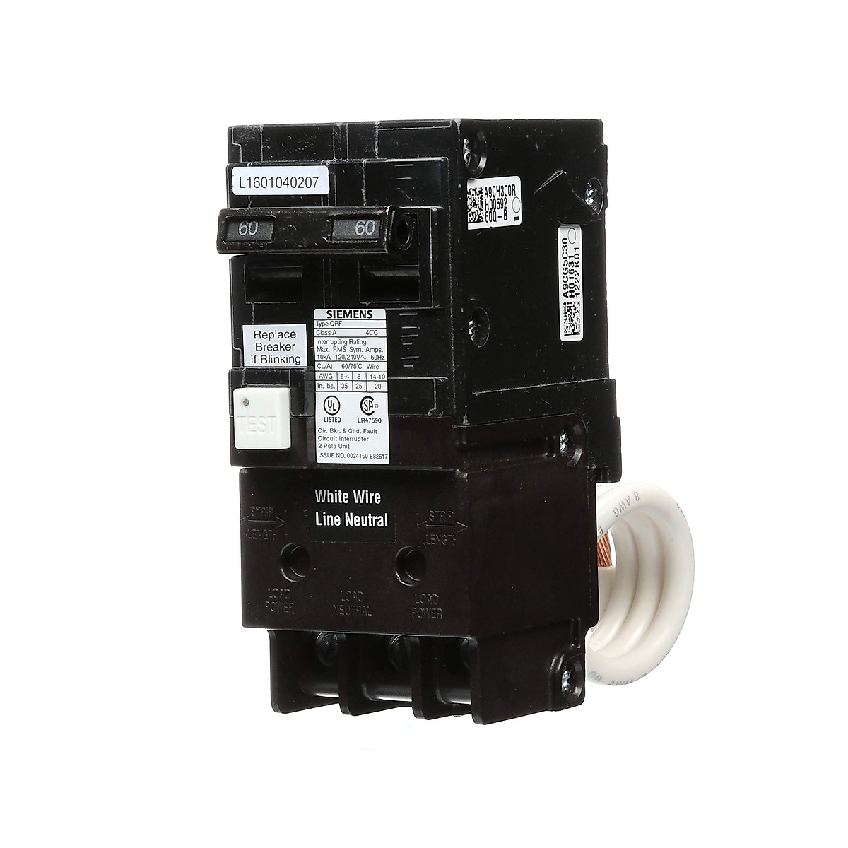 SIEMENS QF260A 60 Amp, 2 Pole, 120/240V Ground Fault Circuit Interrupter with Self Test Feature