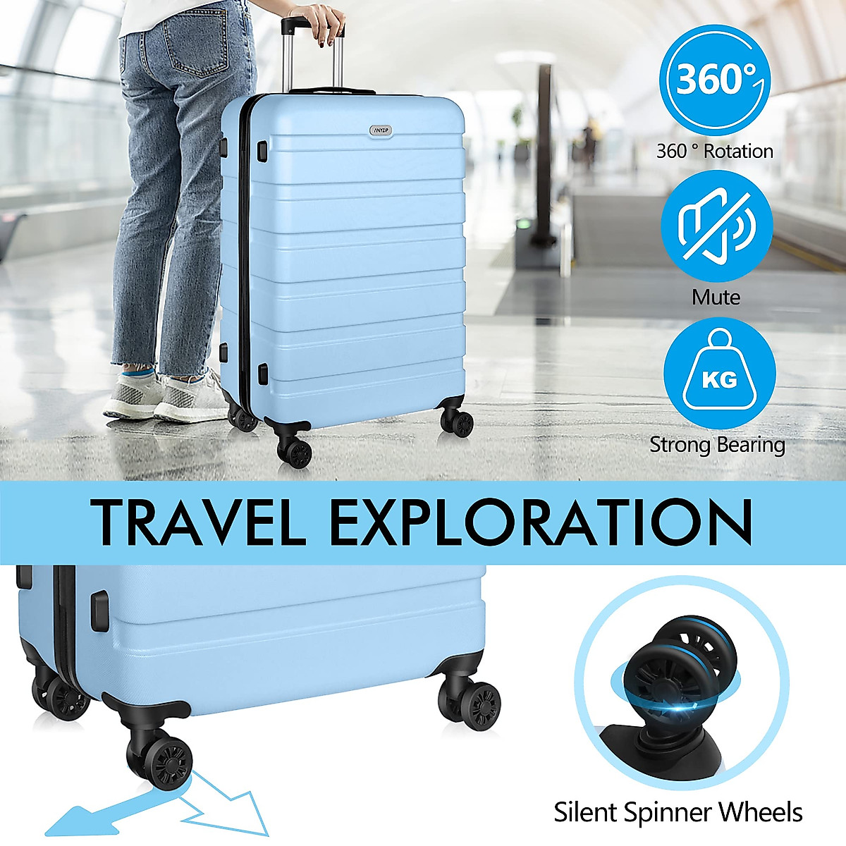 AnyZip Luggage Sets 3 Piece PC ABS Hardside Lightweight Suitcase with 4 Universal Wheels TSA Lock Carry On 20 24 28 Inch Light Blue