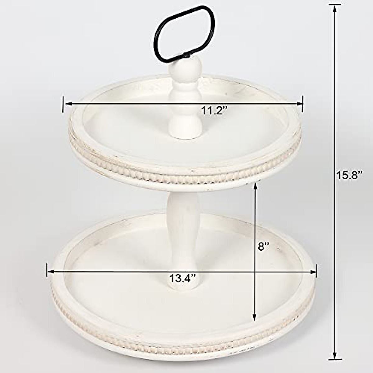 Carah&Cossh Distressed White Wood Two-Tier Tray with Metal Handle, Two Tier Stand with Beads，Farmhouse 2 Tier Serving Tray for Coffee Bar, Kitchen Counter, Dining Room Table(White)