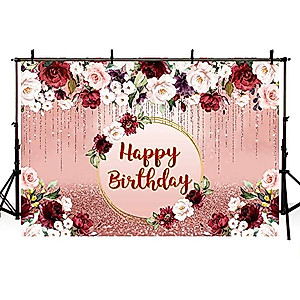 AIBIIN 7x5ft Burgundy Floral Happy Birthday Backdrop Rose Gold Glitter Bokeh Pink Burgundy Floral Photography Background Women Lady Girl 16th Bday Party Decorations Banner Supplies Photo Booth Props