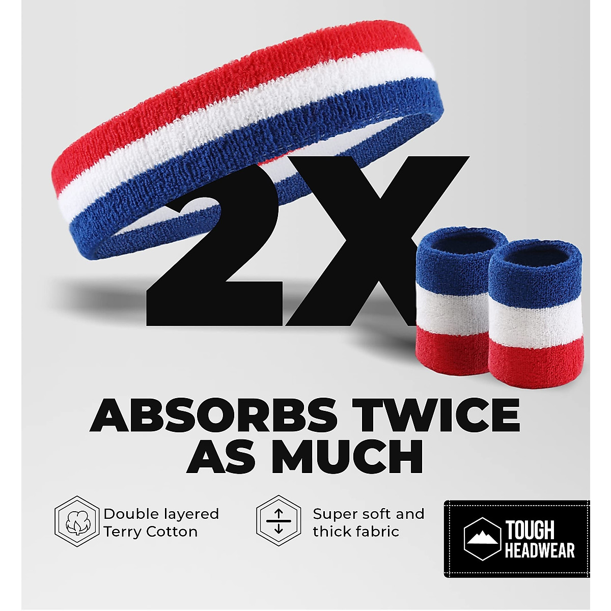 Sports Sweatband Headband Wristband Set - Terry Cloth Headbands for Men & Women, Head & Wrist Sweat Bands for Tennis, Sports, Basketball, Gym, Exercise - USA