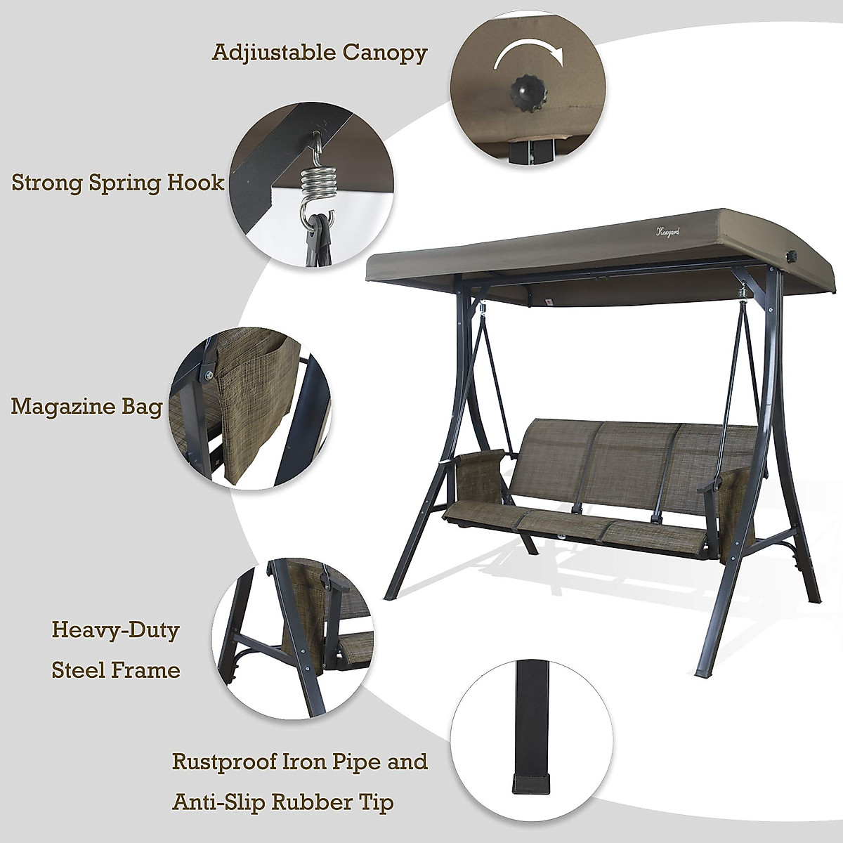 Kozyard Brenda 3-Seat Patio Swing Chair, Outdoor Porch Swing Glider with Adjustable Canopy, Side Pouches, Breathable Seat and Back, for Garden, Poolside, Backyard (Taupe)