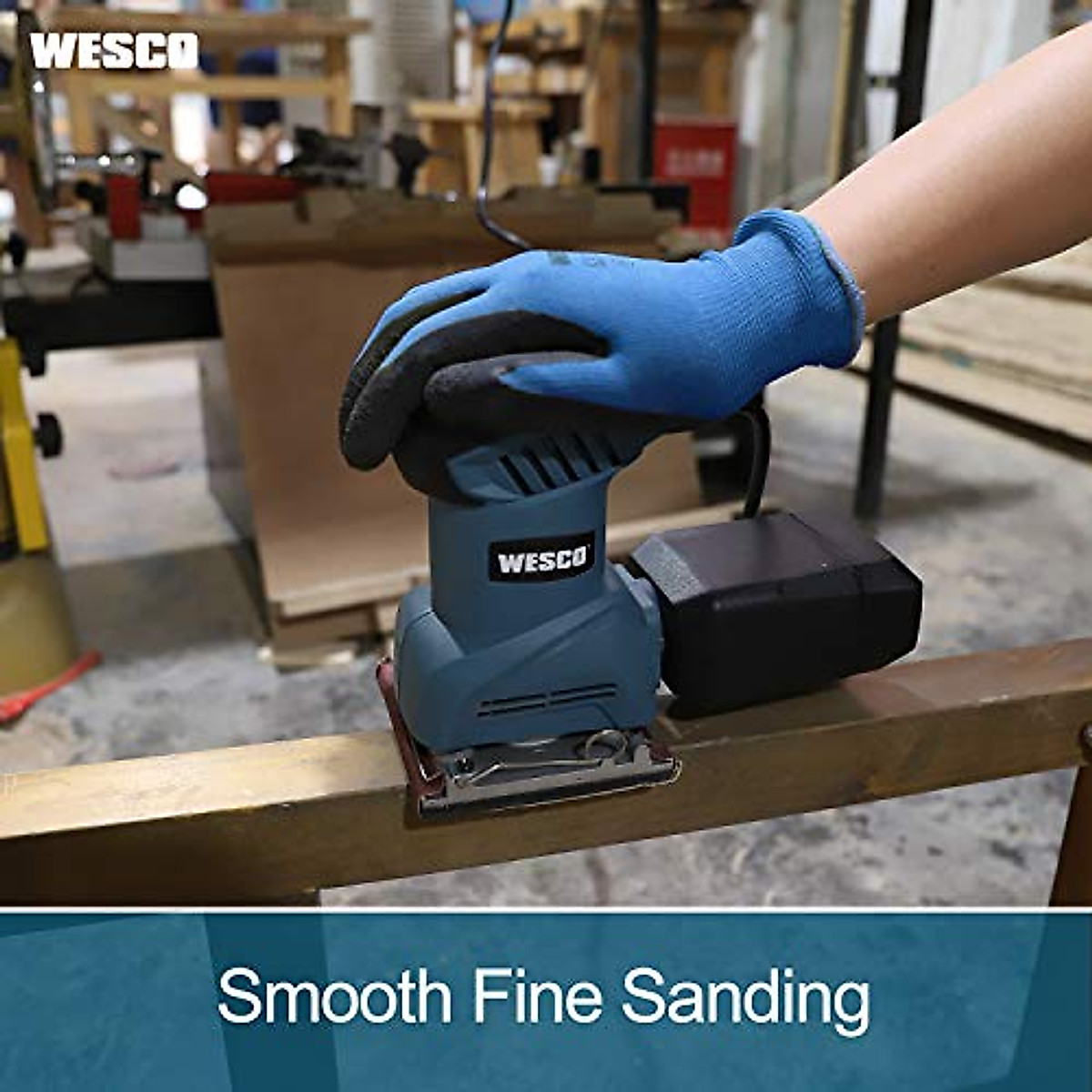 WESCO Palm Sander Tool, 2.0 Amp 1/4 Sheet Palm Sanders for Woodworking, 12,000 OPM Electric Sander Sander with Dust Collector, Punch Plate & 12 Sanding Discs, Vacuum Adapter, Quick Locking System