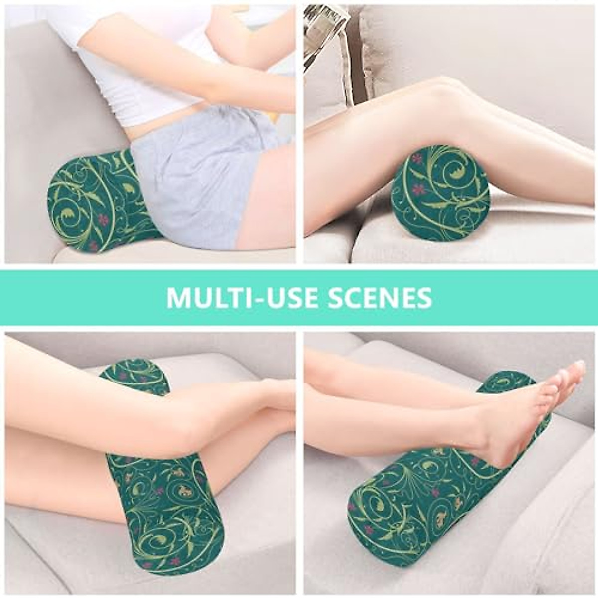 xigua Green Leaves Neck Roll Pillow for Neck Relief with Removable Washable Cover - Memory Foam Round Cylinder Bolster, Ergonomically Designed for Head, Neck, Back, and Legs