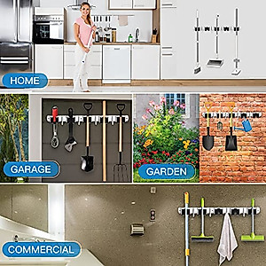 romise Broom Holder Wall Mount Mop and Broom Holder Wall Mount & Self Adhesive - Garage Storage Rack & Garden Tool Organizer for Home Laundry Pantry Kitchen Organization (5 Positions with 4 Hooks)