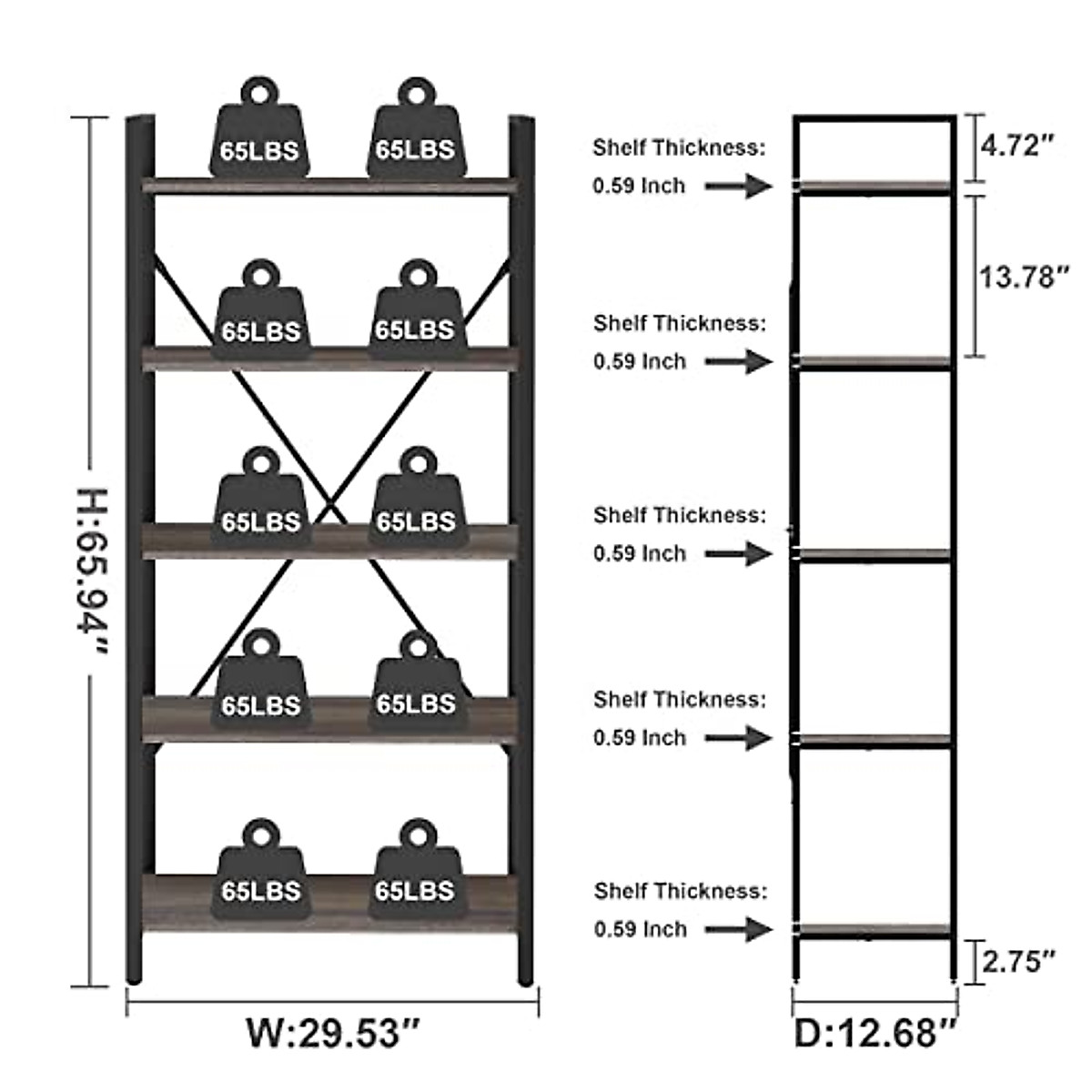 FATORRI 5 Tier Industrial Bookshelf, Rustic Open Bookcase for Display, Dark Wood and Metal Shelving Unit and Tall Book Shelves for Home Office (Walnut Brown)