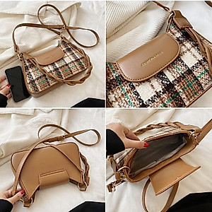 RTGGSEL Trendy Women‘s Lattice Plaid Striped Woolen Saddle Crossbody Shoulder Handbags Underarm Satchel Tote Clutch Purse Hobo Bag (Coffee)