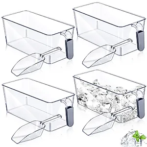 4 Set Clear Plastic Storage Bin with Scoop Clear Freezer Ice Bin with Pull out Handle Ice Container for Freezer Organizer Plastic Utility Ice Scoop Plastic Scoops for Dry Goods Kitchen Fridge Cabinet