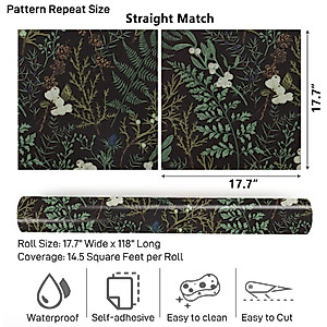 VaryPaper 17.7''x118'' Tropical Moss Leaf Peel and Stick Wallpaper Black Floral Self Adhesive Removable Contact Paper Decorative for Bedroom Walls Cabinets Shelves